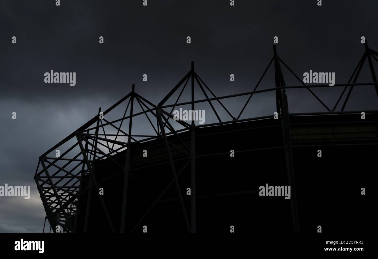 A general view of rain clouds over the stadium before kick-off Stock ...
