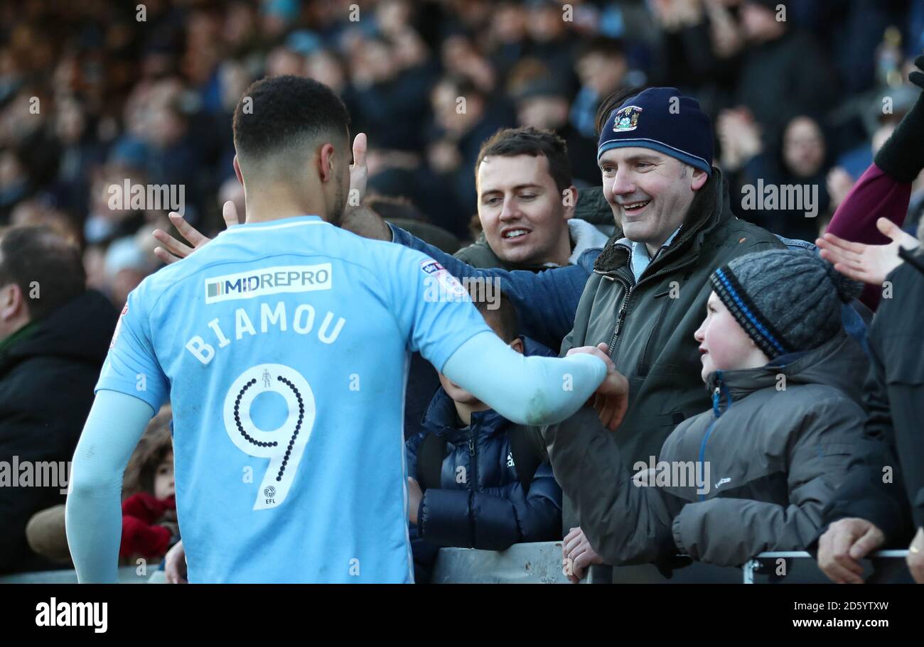 Coventry City's Maxime Biamou greets fans after the final whistle Stock ...