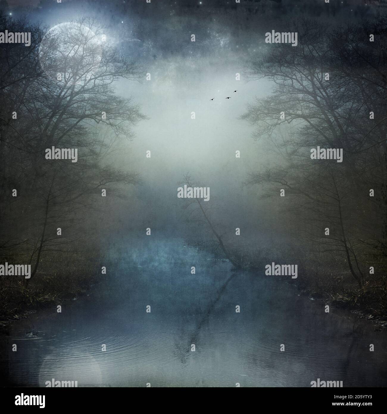 Full moon over foggy river Stock Photo - Alamy