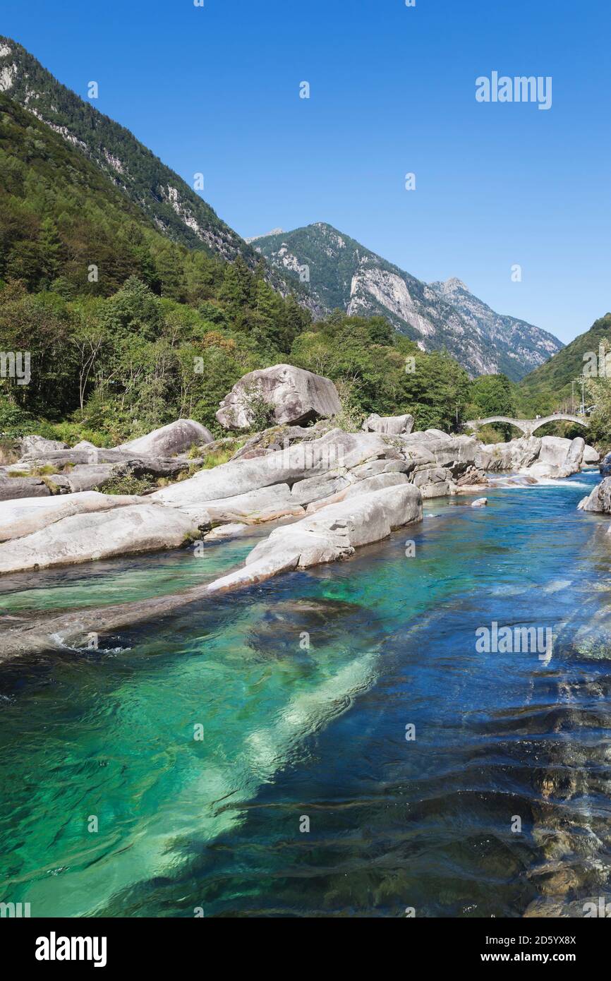 Switzerland, Ticino, Val Verzasca, Verzasca river, Lavertezzo, Ponte ...