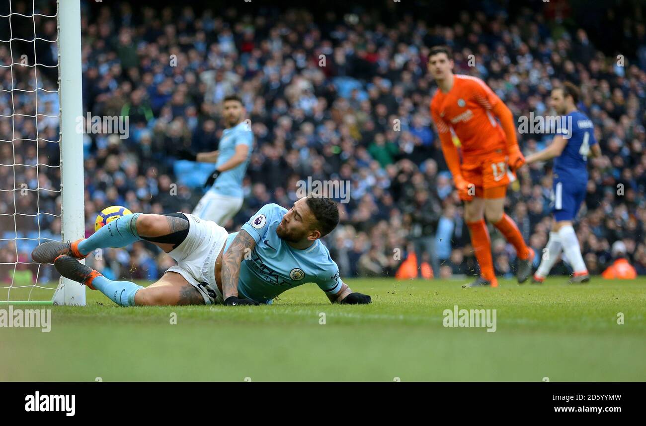 Manchester City's Nicolas Otamendi scores a goal that is ruled offside ...