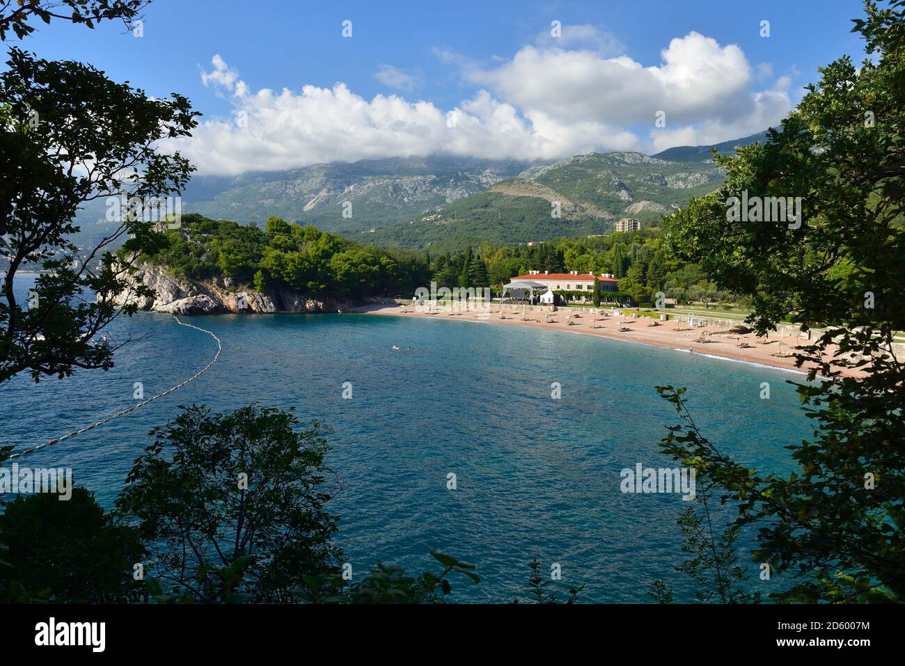Montenegro, bay and beach at the historic royal palace and luxury hotel ...