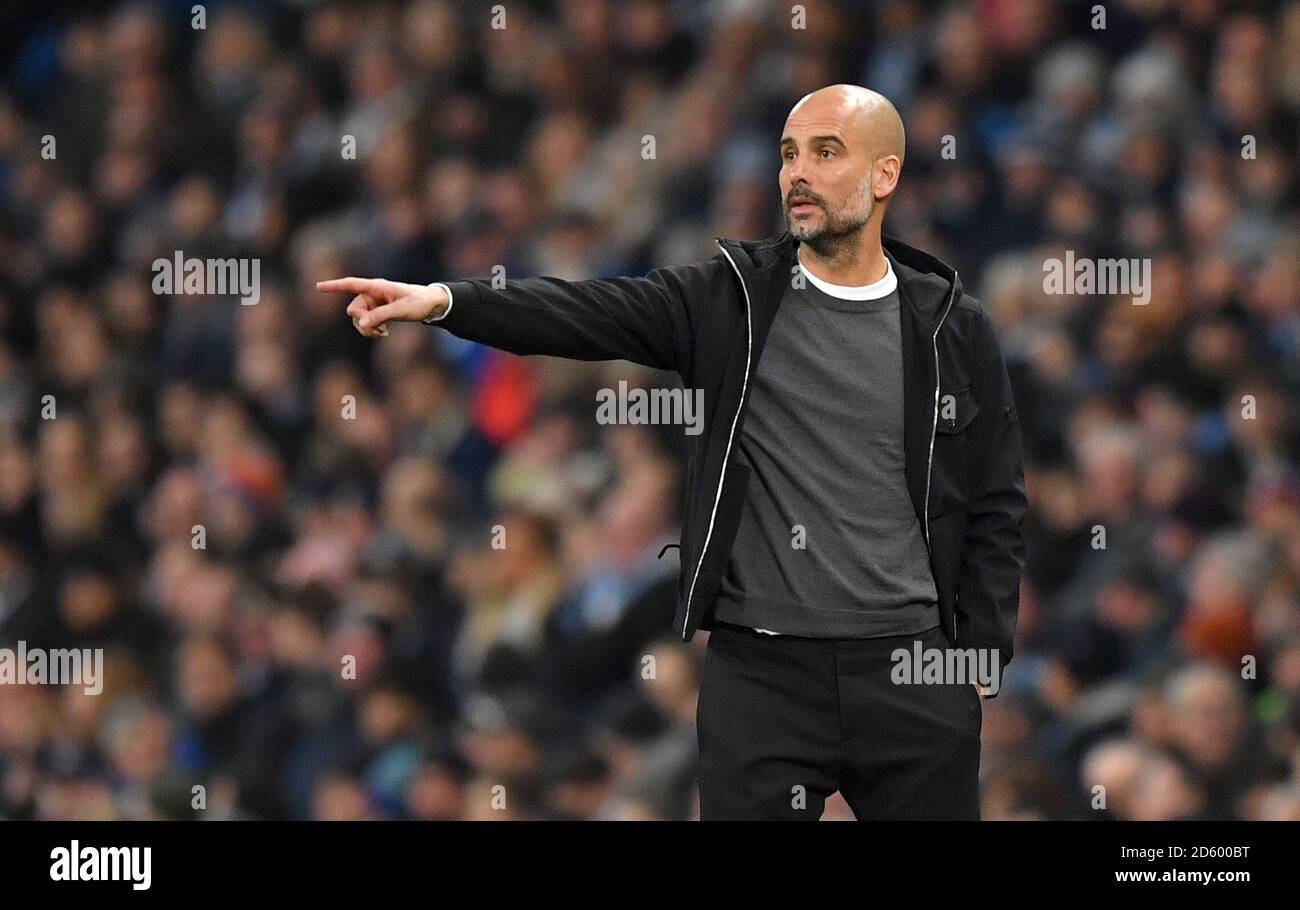 Manchester City manager Pep Guardiola gestures on the touchline Stock ...
