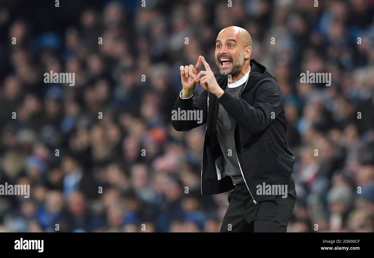Manchester City manager Pep Guardiola gestures on the touchline Stock ...