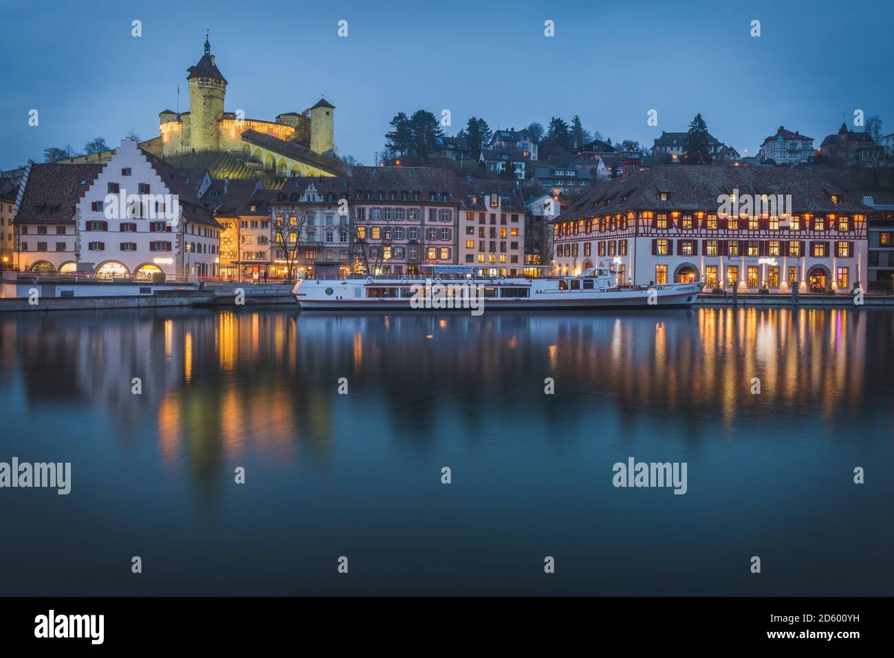 Switzerland, Schaffhausen, evening at River Rhine with Christmas ...