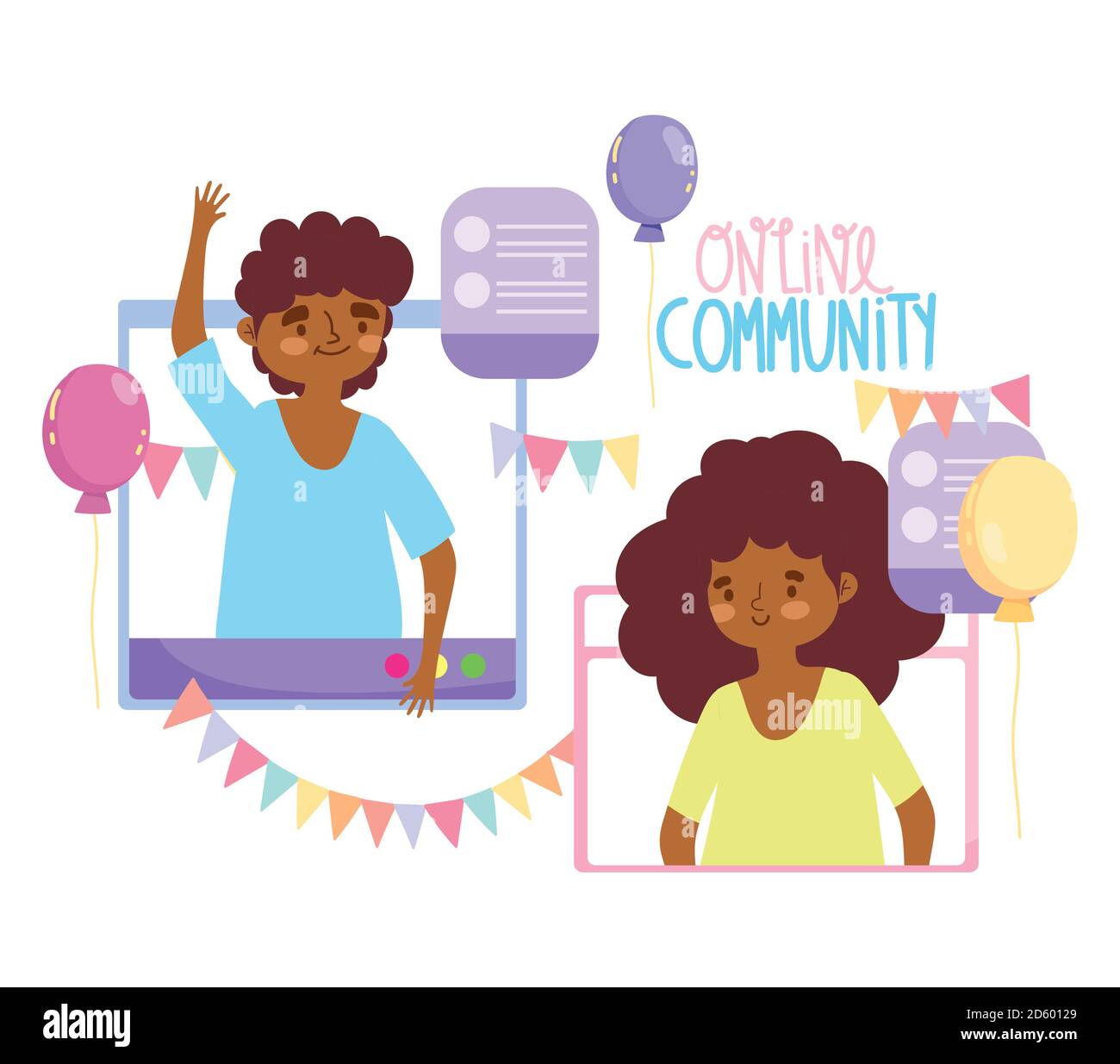 online party, happy couple celebration connected by internet vector ...