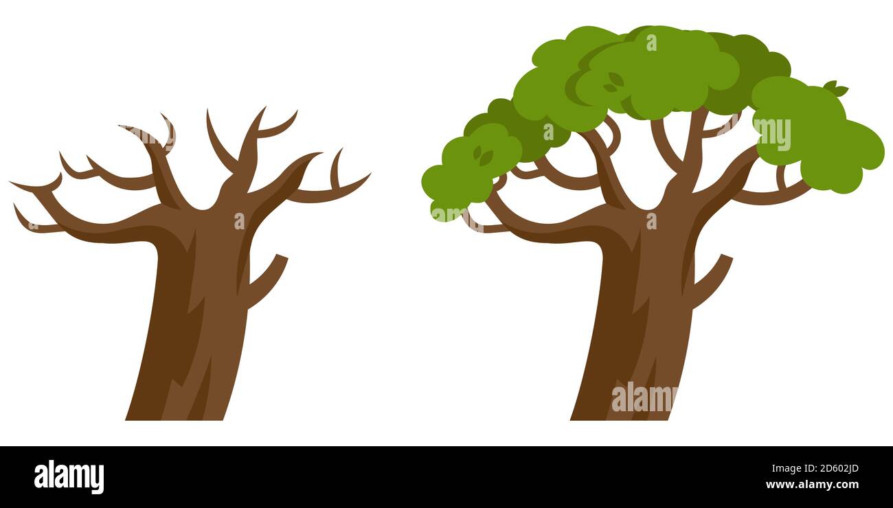 Bare tree and tree with green leaves. Plant in cartoon style Stock ...