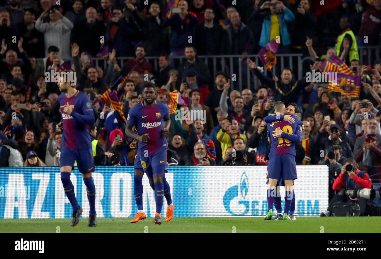 Barcelona's Lionel Messi (right) celebrates scoring his side's first ...