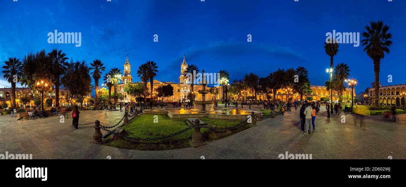 Peru, Arequipa, Plaza de Armas, Cathedral and fountain at blue hour ...