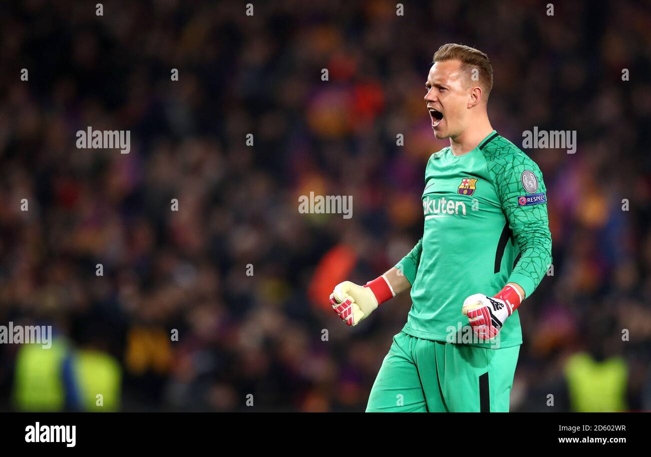 Barcelona goalkeeper Marc-Andre Ter Stegen celebrates his side's second ...
