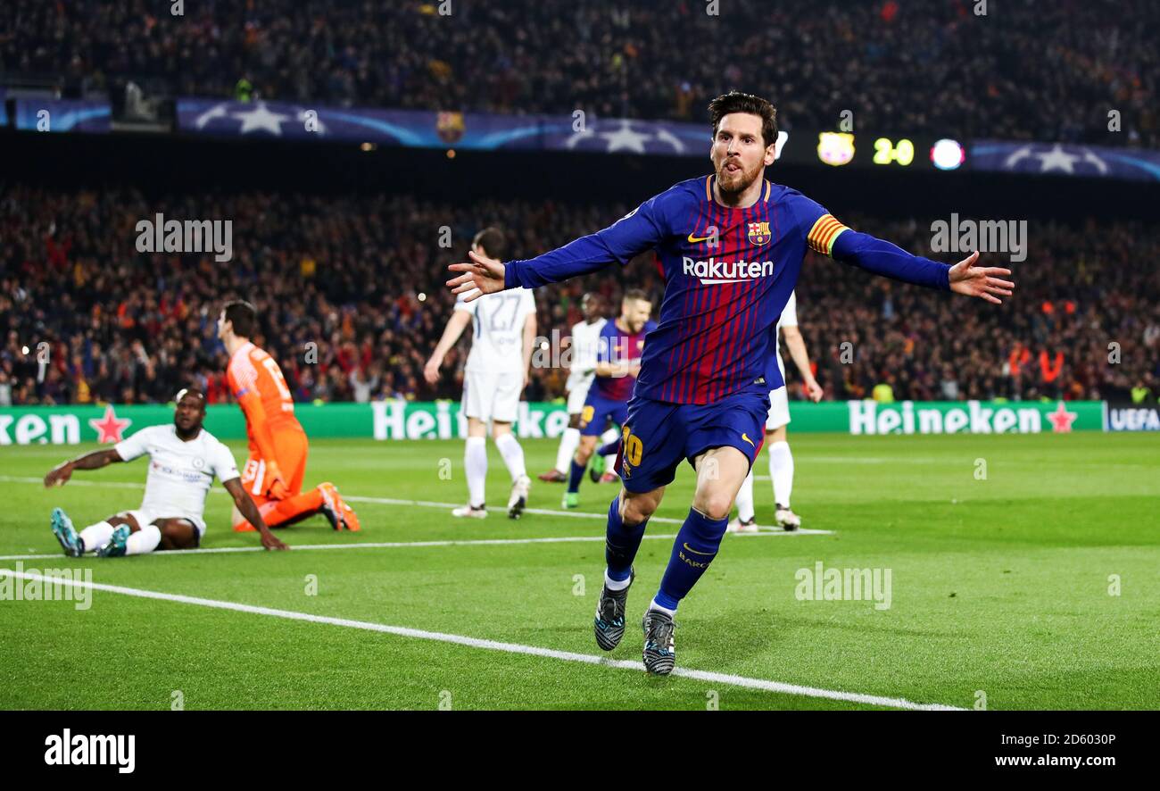 Barcelona's Lionel Messi celebrates scoring his side's third goal of ...