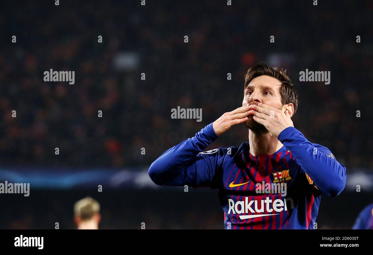 Barcelona's Lionel Messi celebrates scoring his side's third goal of ...