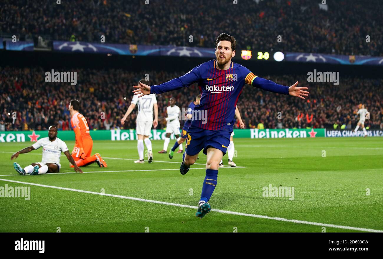 Barcelona's Lionel Messi celebrates scoring his side's third goal of ...