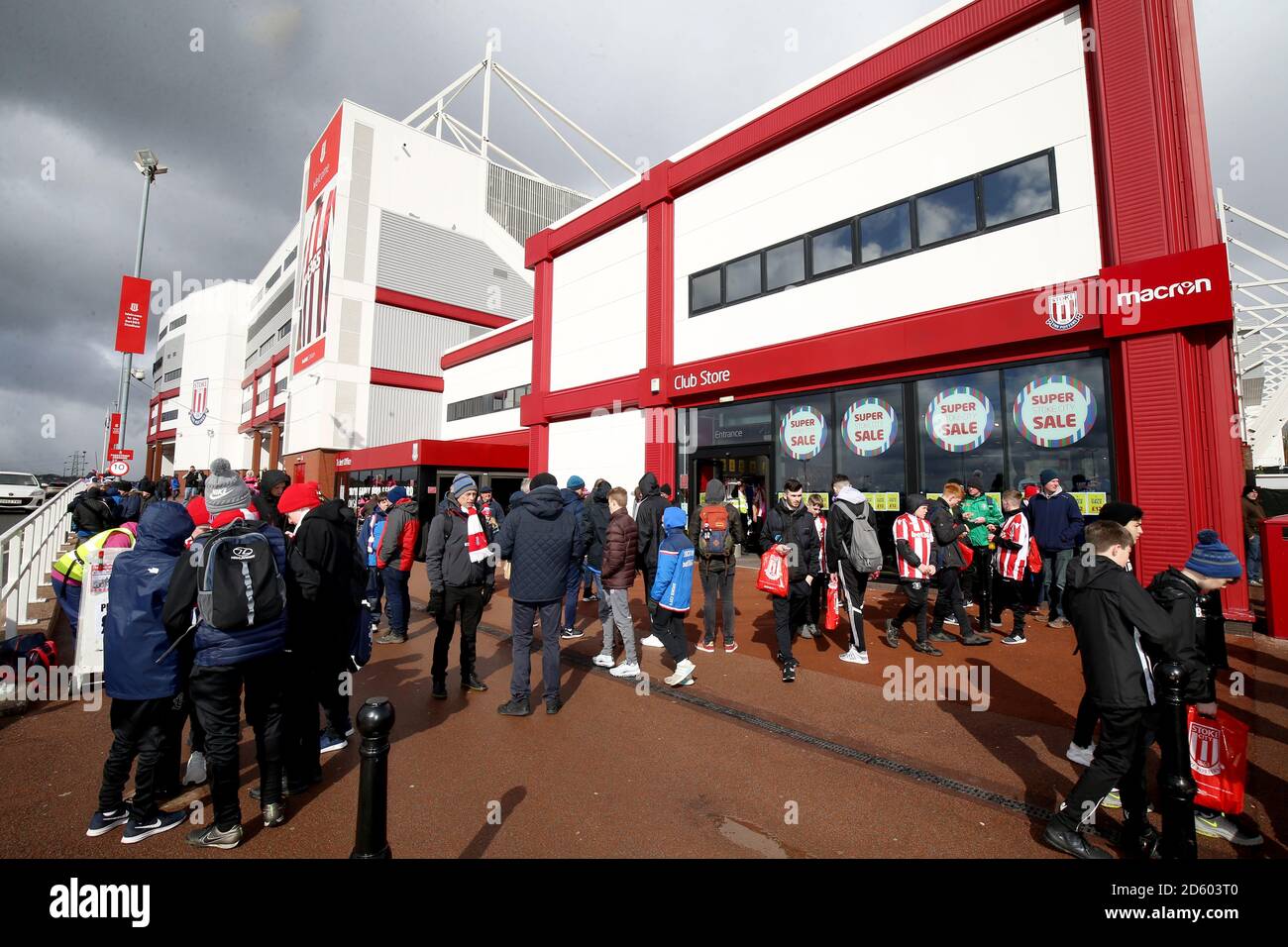 A general view of fans walking around outside of the Stoke City club ...