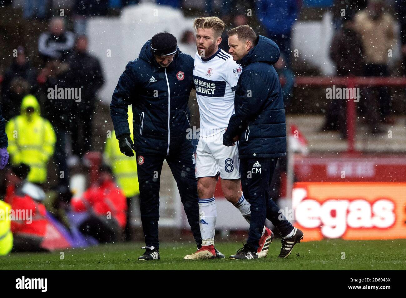 Middlesbrough's Adam Clayton is carried off after picking up an injury ...