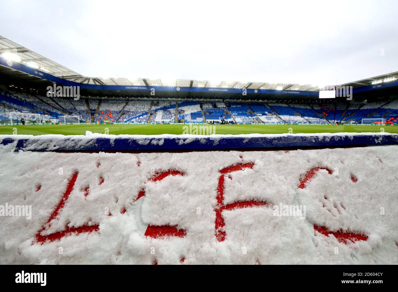 The letters LCFC written in the snow in the stands before kick-off ...