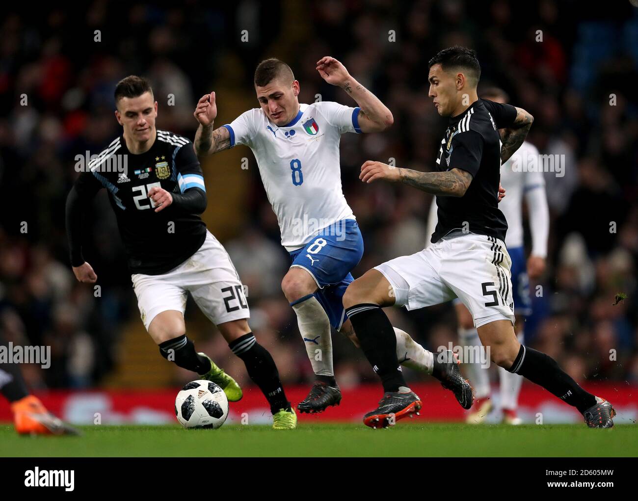 Italy's Marco Verratti (centre) and Argentina's Giovani Lo Celso (left ...
