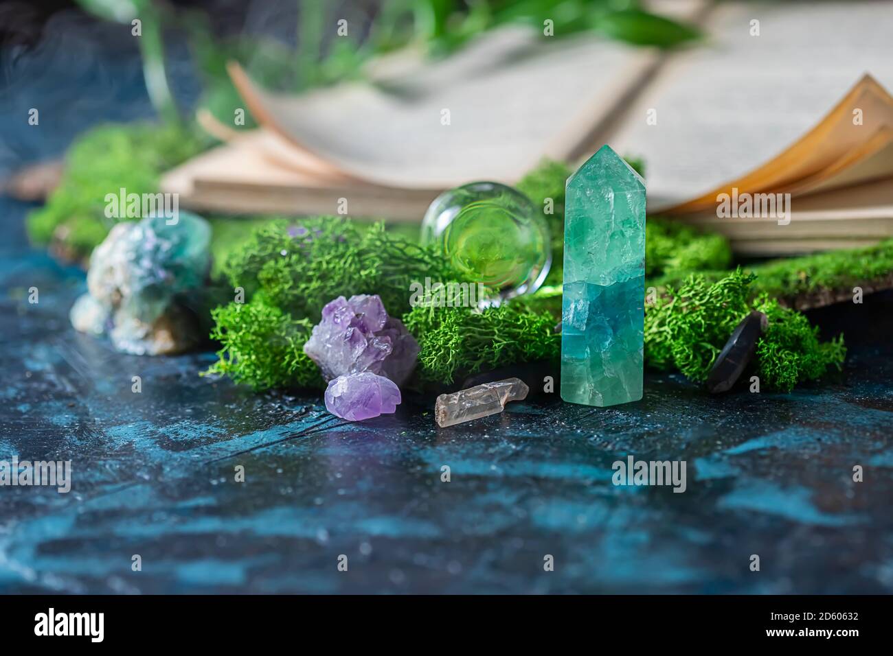 Crystalline minerals for meditation, moss, book. Magic Rock for Healing ...