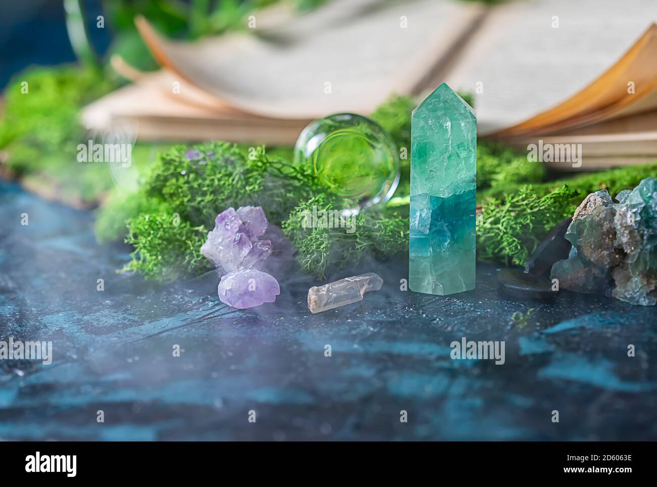 Crystalline minerals for meditation, moss, book. Magic Rock for Healing ...