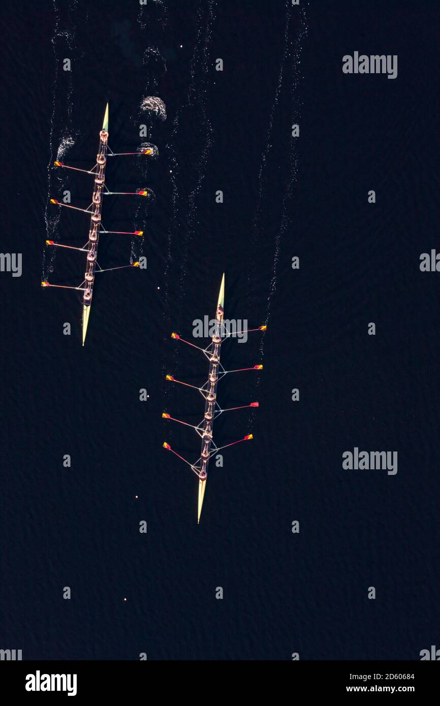 Elevated view of two rowing eights in water Stock Photo - Alamy