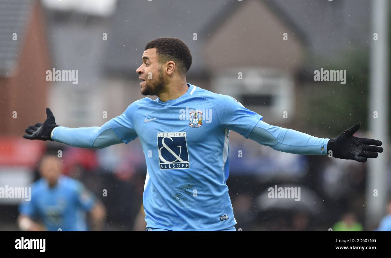 Coventry City's Max Biamou elebrates his goal against Newport County to ...