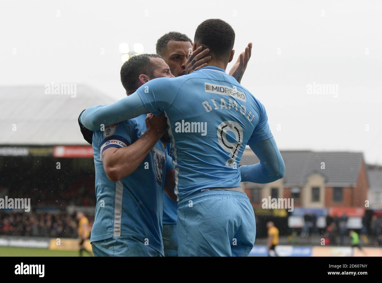 Coventry City's Max Biamou (right) celebrates his goal against Newport ...
