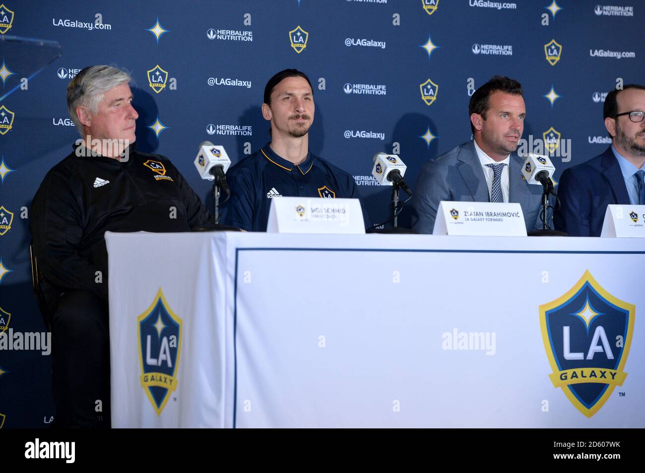 Zlatan Ibrahimovic and head coach Sigi Schmid (left) during a press ...