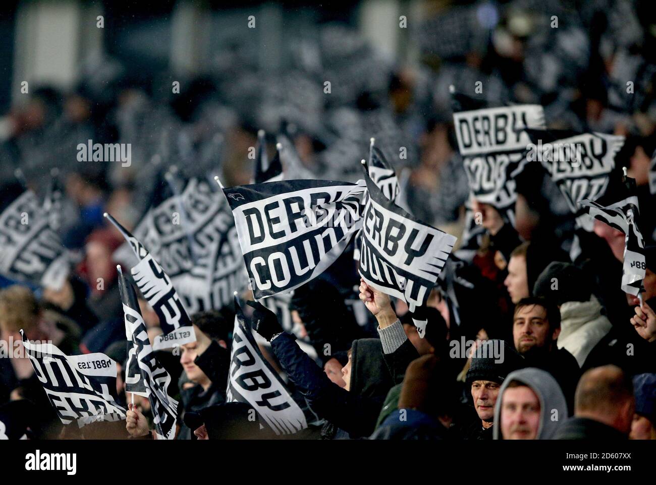 Derby County fans in the stands waves flags to show their support Stock ...