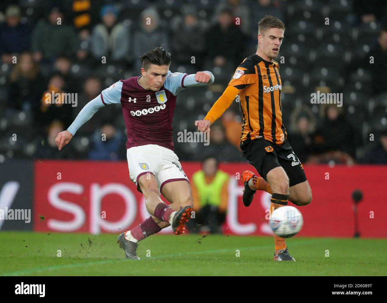 Aston Villa's Jack Grealish fires a shot as Hull City's Markus ...