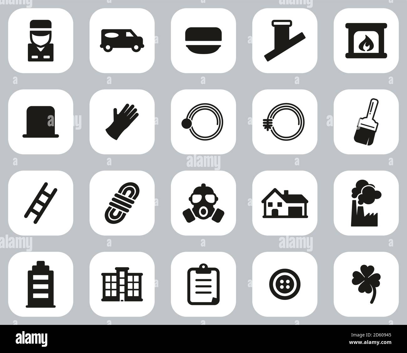 Chimney Sweeper Tools & Equipment Icons Black & White Flat Design Set ...