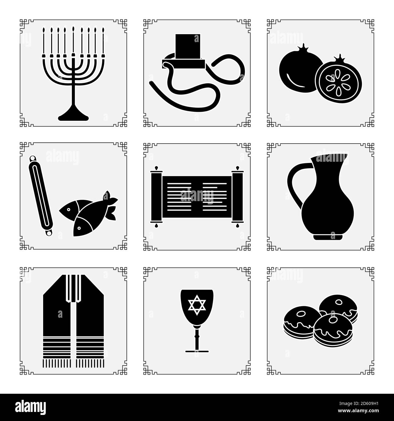 Vector illustration Jewish holiday Traditional symbols Menorah candles ...