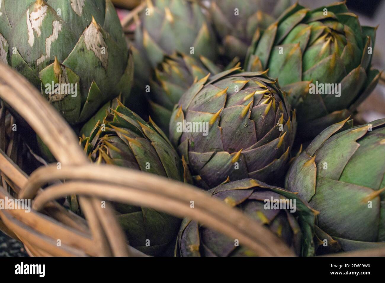 Typical Palermo artichokes with thorns inside a wicker basket Stock ...