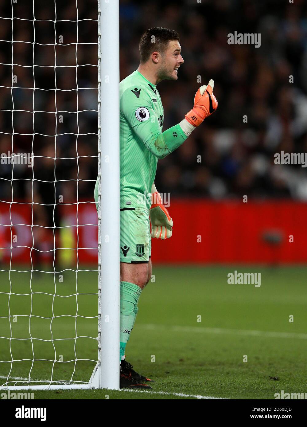 Stoke City goalkeeper Jack Butland instructing his team-mates Stock ...