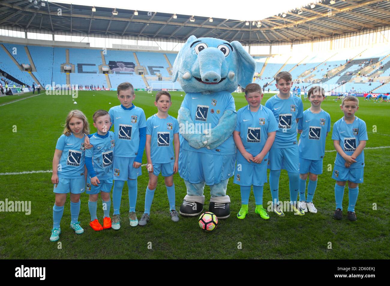 Coventry City mascots pose with Sky Blue Sam Stock Photo - Alamy