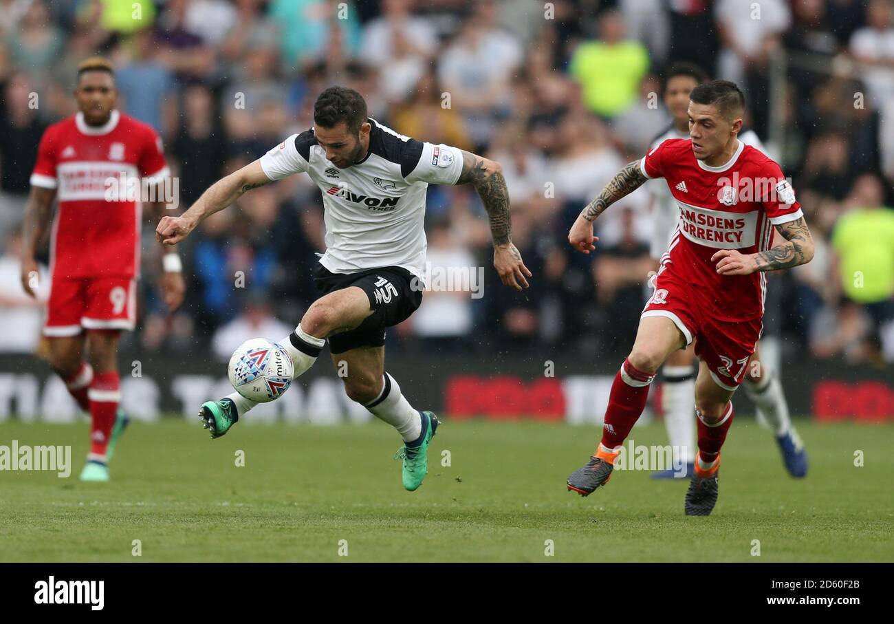 Derby County's Bradley Johnson (left) and Middlesbrough's Muhamed Besic ...