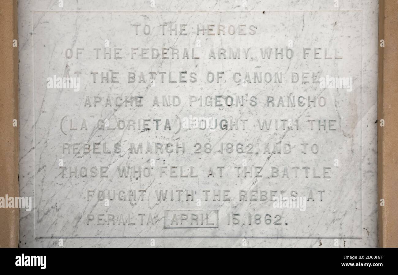 Glorieta Battle panel, military obelisk (1868), Santa Fe Plaza, New ...