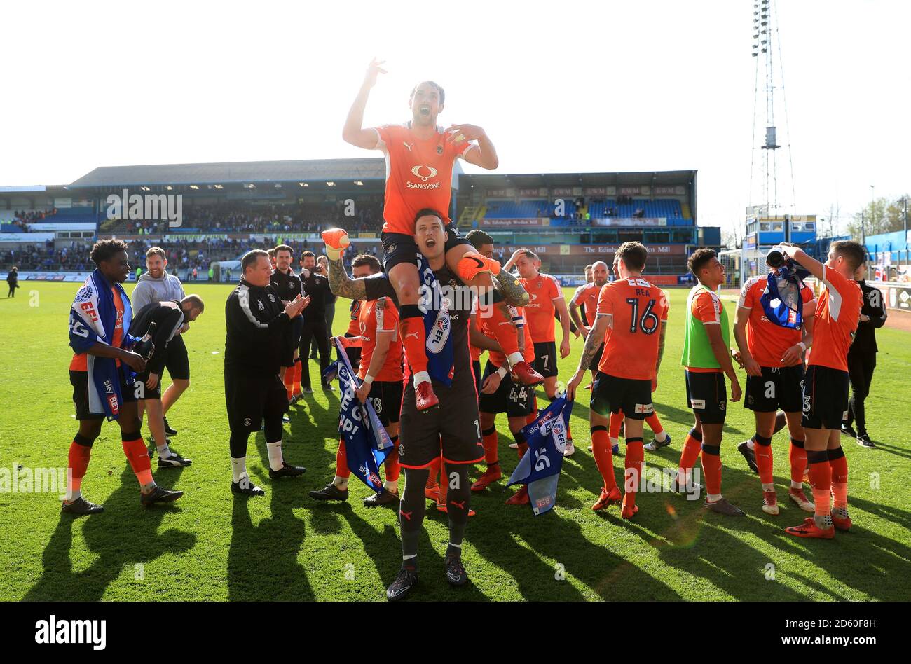 Luton Town's Danny Hylton (top) and Marek Stech celebrate promotion ...