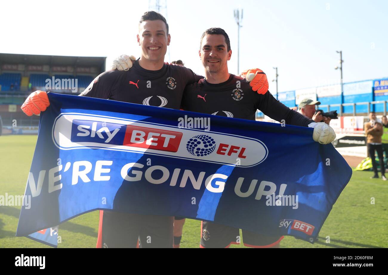 Luton Town's James Shea (left) and Marek Stech celebrate promotion ...