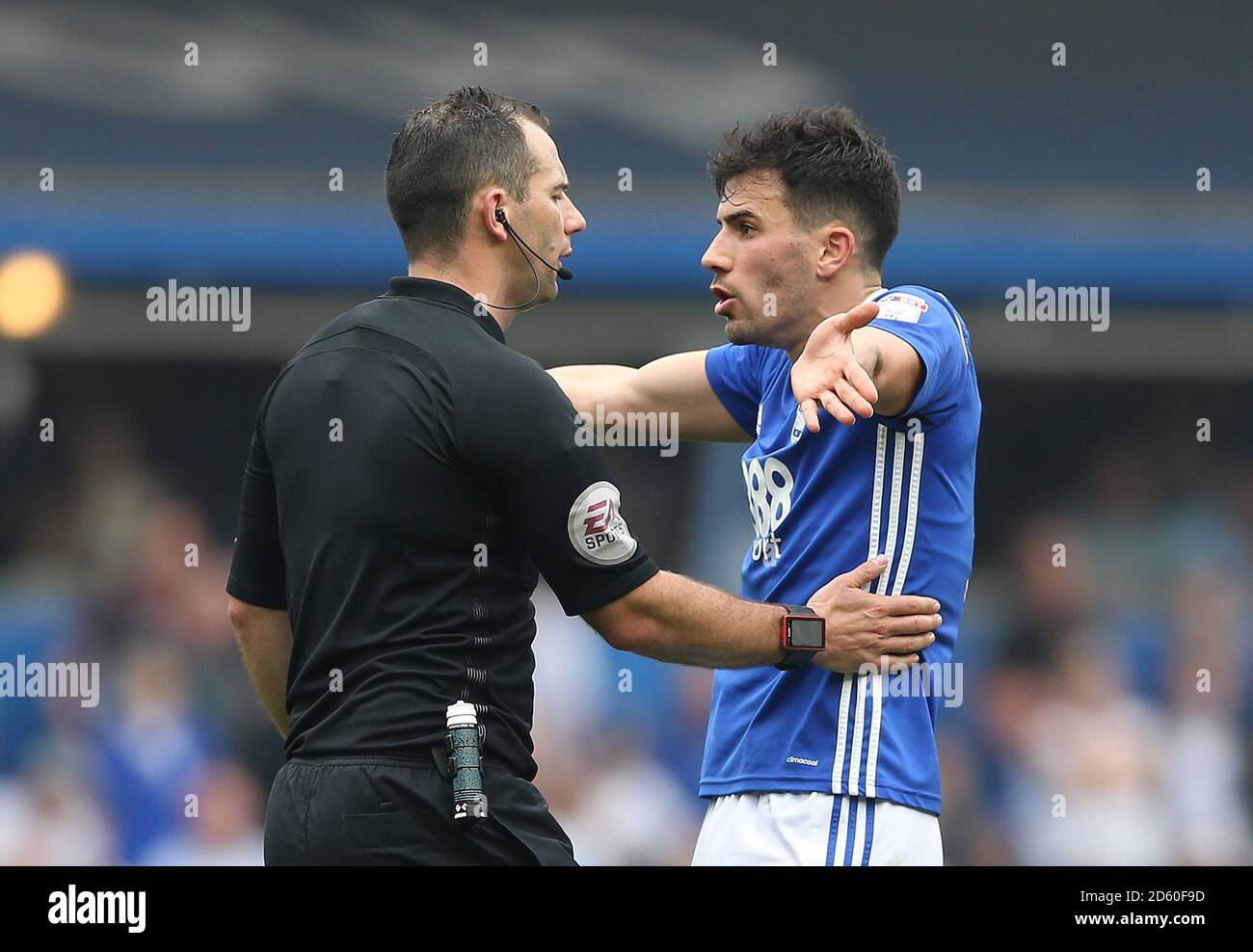 Birmingham City's Maxime Collin has words with referee Tim Robinson ...