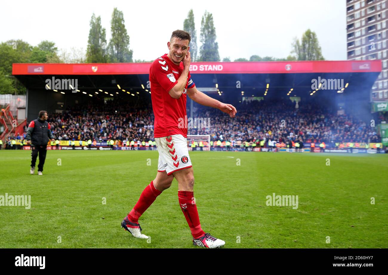 Charlton Athletic's Jason Pearce acknowledges the fans after the final ...