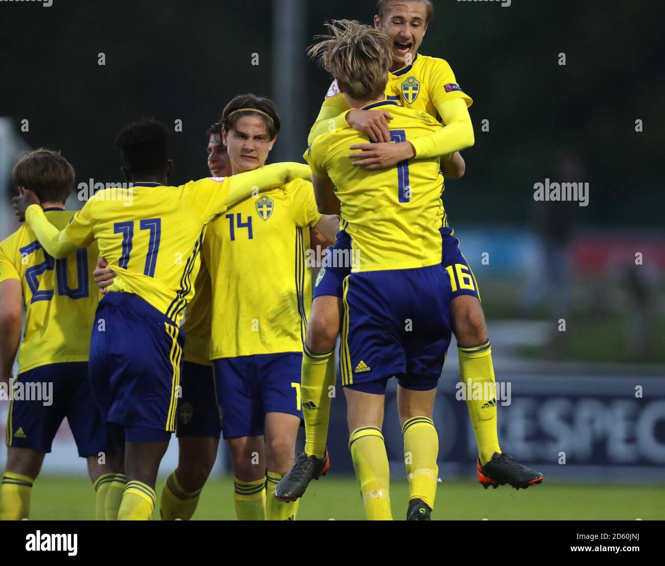 Sweden U17's Benjamin Nygren (facing) celebrates with Fredrik Hammar ...