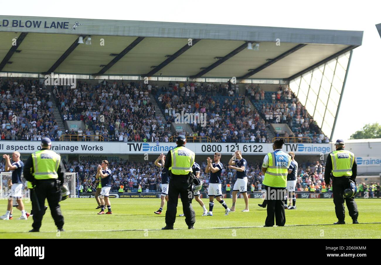 Millwall's lap of appreciation with riot police on the pitch Stock ...