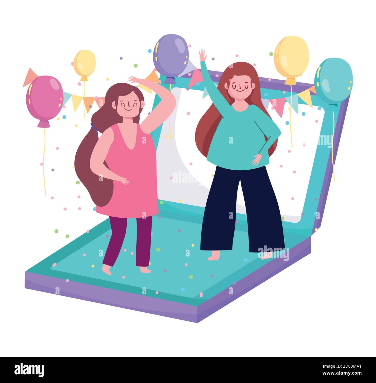 online party, people dancing on laptop with balloons decoration vector ...