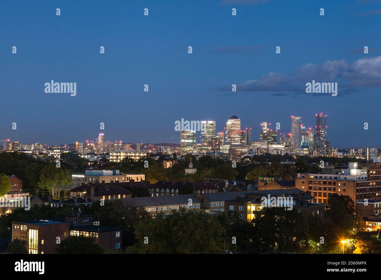 Nightime view of the London skyline at Canary Wharf,Docklands,England ...