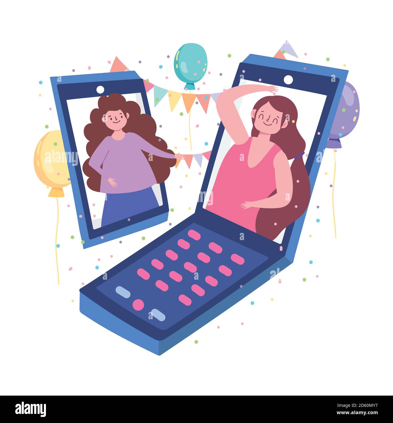 online party, happy cartoon women connected by smartphone vector ...