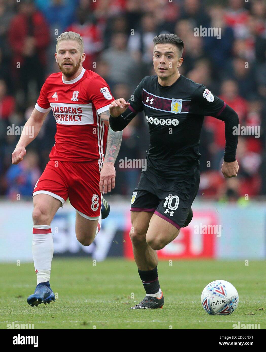 Middlesbrough's Adam Clayton (left) and Aston Villa's Jack Grealish in ...
