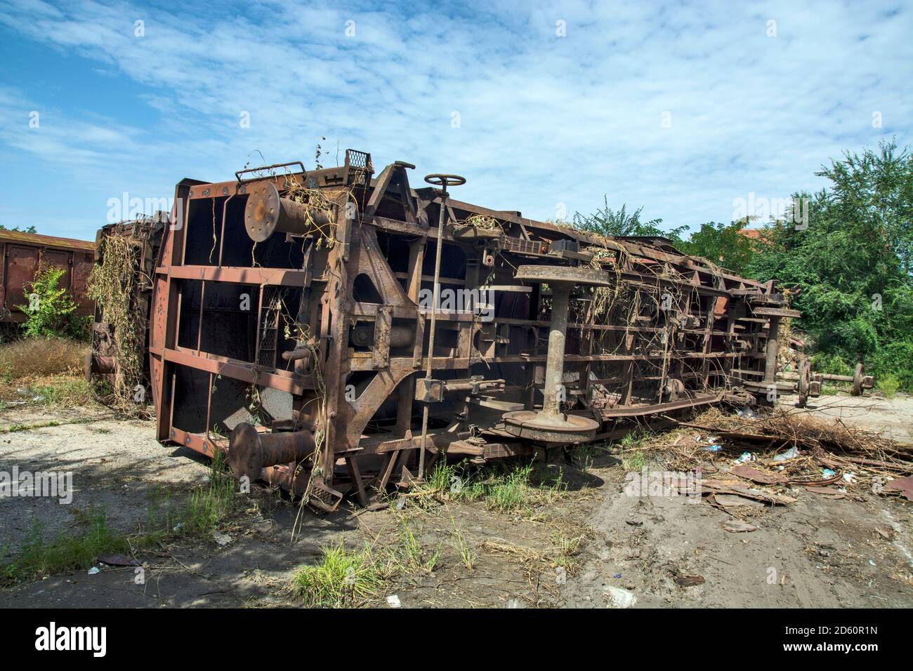 Zrenjanin, Serbia, August 31, 2020. Cutting of old railway wagons on ...