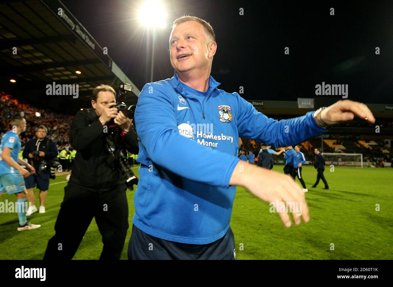 Coventry City manager Mark Robins celebrates after the game Stock Photo ...