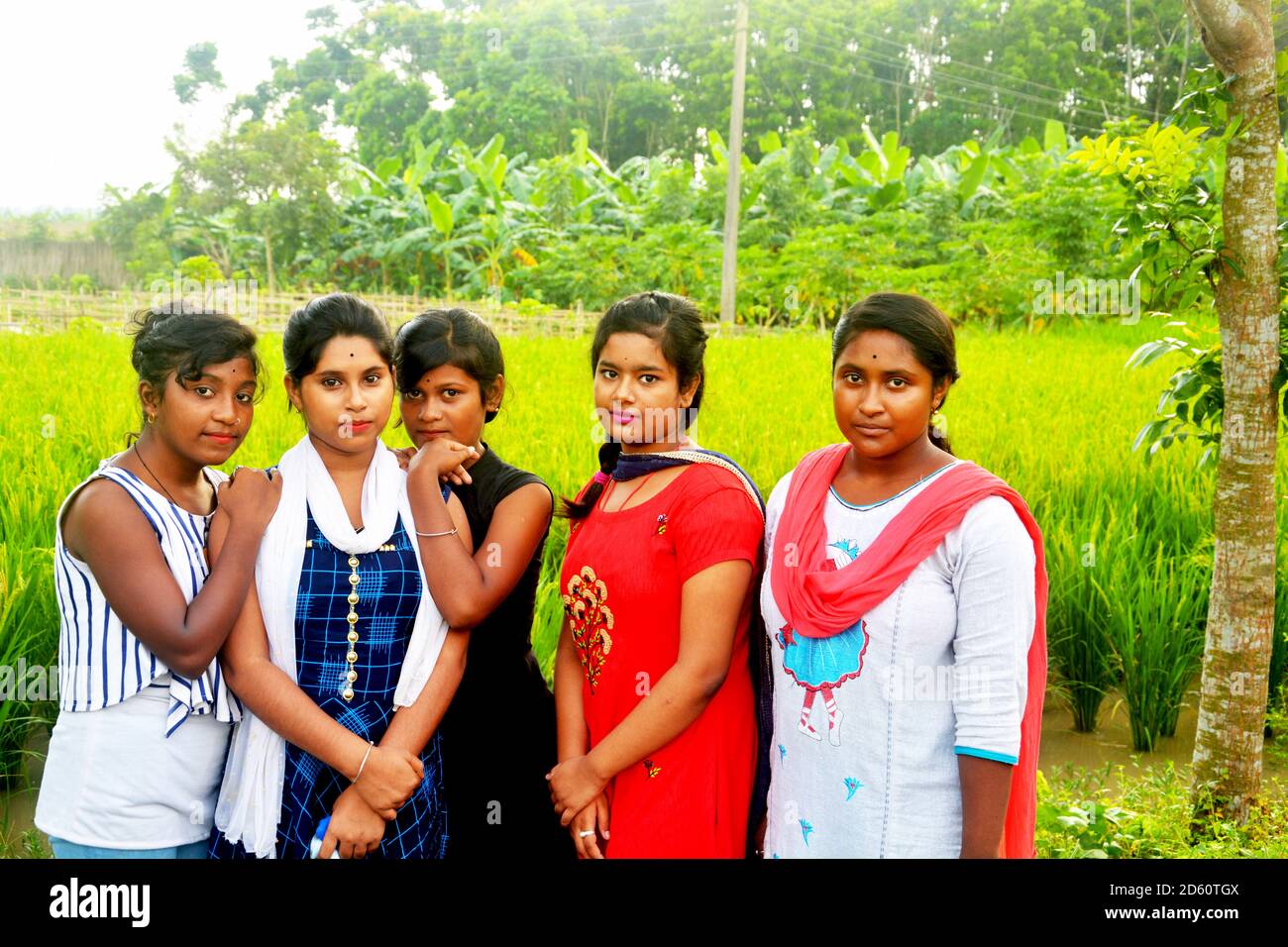 Close up of six Indian teenage girls wearing traditional colorful ...