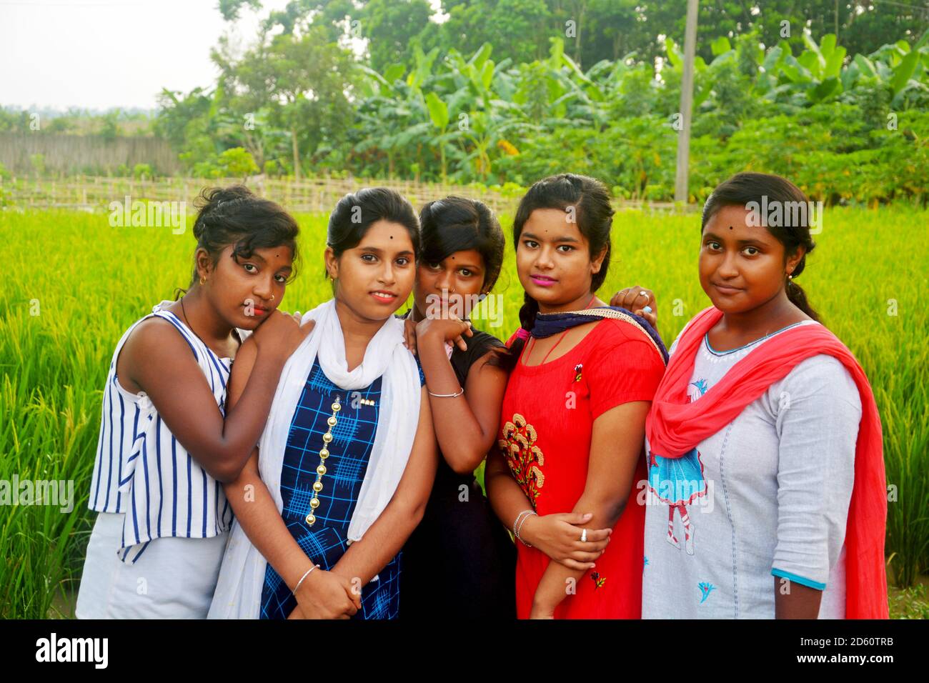 Close up of six Indian teenage girls wearing traditional colorful ...